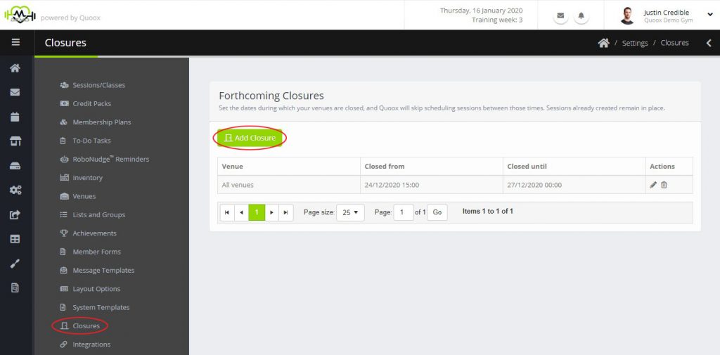 Managing venue closures - Quoox Knowledge Base