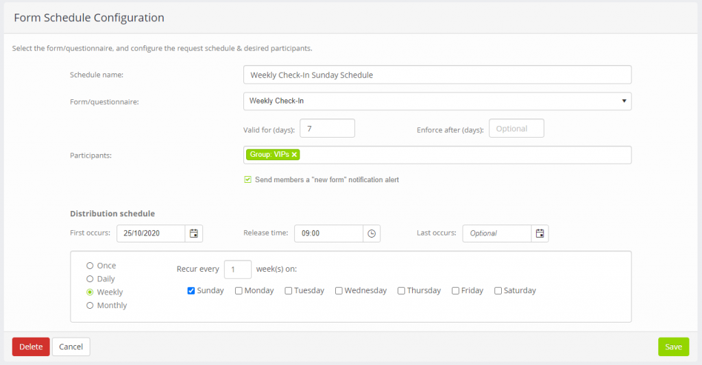 Scheduling a form/questionnaire for send out - Quoox Knowledge Base